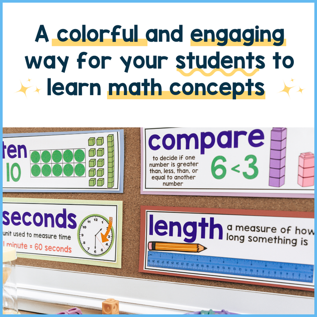 3rd 4th Grade Math Review Word Wall Vocabulary Posters Fun Decor Cards ...