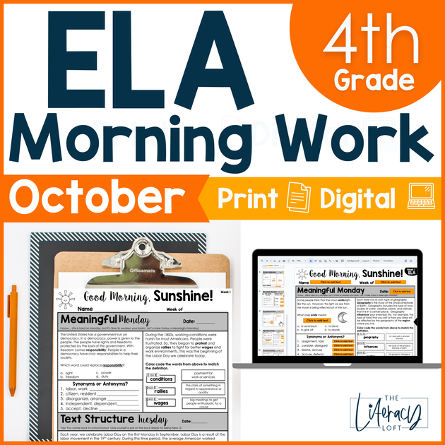 4th Grade ELA Morning Work Spiral Review Print and Digital - October ...