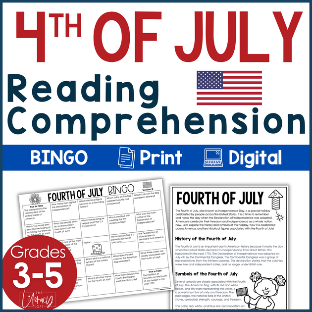 Fourth of July Reading Comprehension Bingo Fun Summer Activity 3rd 4th ...