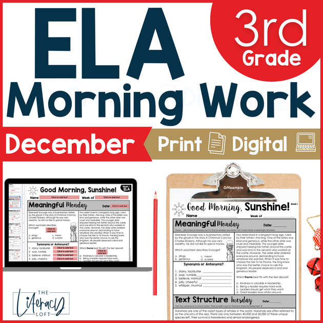 ELA Morning Work 3rd Grade {December} I Distance Learning I Google Sli ...