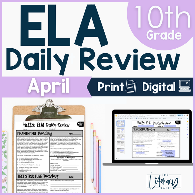 10th Grade ELA High School Spring Spiral Review Grammar Vocabulary Rea ...