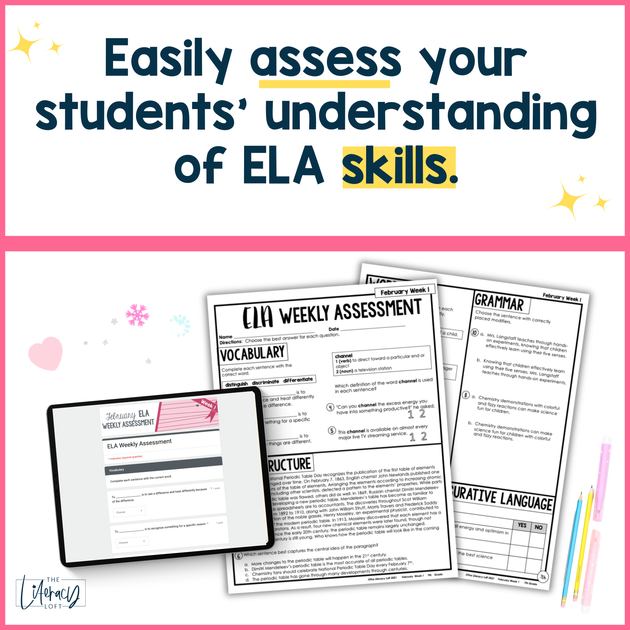 7th Grade ELA February Morning Work Assessment Grammar Worksheets Read ...