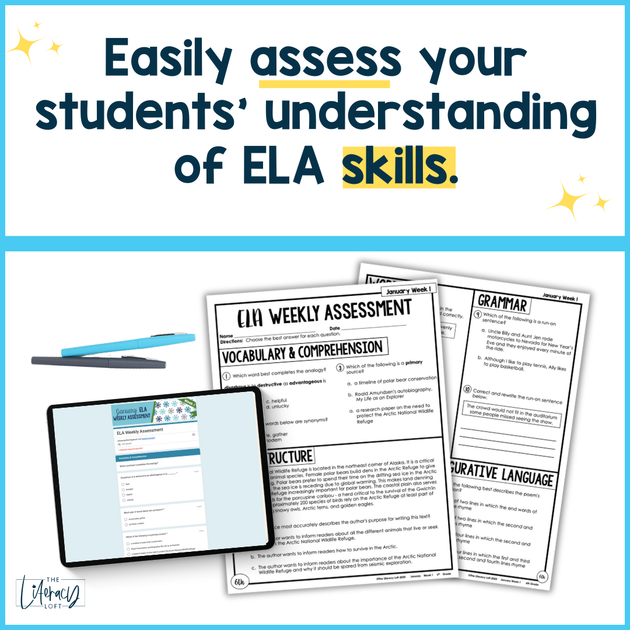 6th Grade ELA Reading Comprehension Morning Work Assessment Winter Rev ...