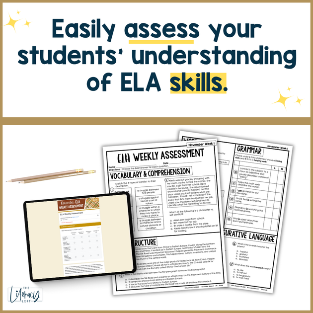 7th Grade ELA Reading Comprehension November Morning Work Assessment D ...
