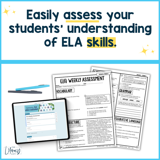 5th Grade ELA Reading Comprehension Morning Work Assessment Winter Rev ...