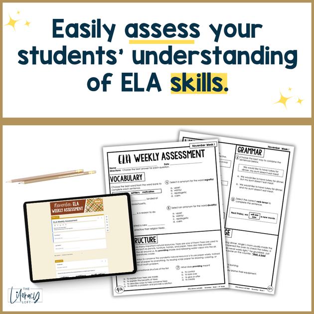 4th Grade ELA Reading Comprehension November Morning Work Assessment E ...