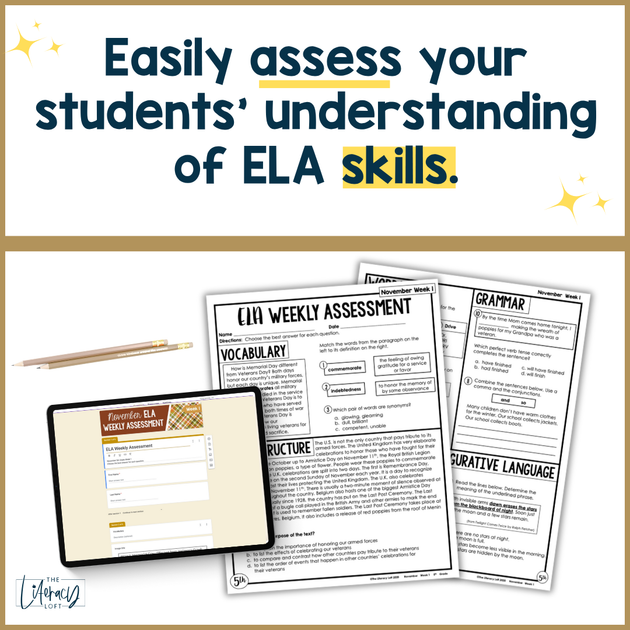 5th Grade ELA Reading Comprehension November Fall Morning Work Assessm ...