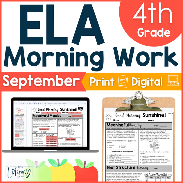 4th Grade ELA Morning Work September Printable + Google Slides and For ...