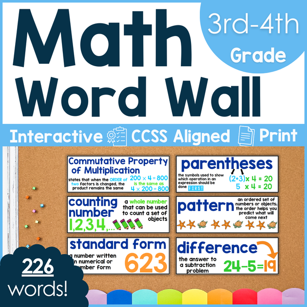3rd 4th Grade Math Review Word Wall Vocabulary Posters Fun Decor Cards ...