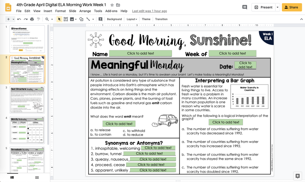 ELA Morning Work 4th Grade {April} | Distance Learning | Google Slides ...
