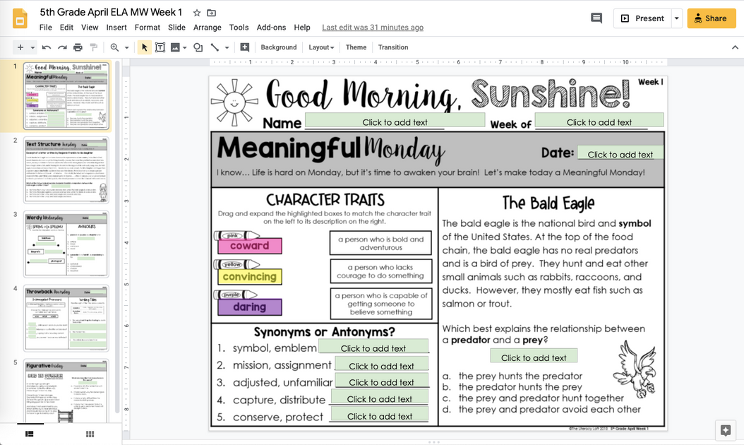 ELA Morning Work 5th Grade {April} | Distance Learning | Google Slides ...