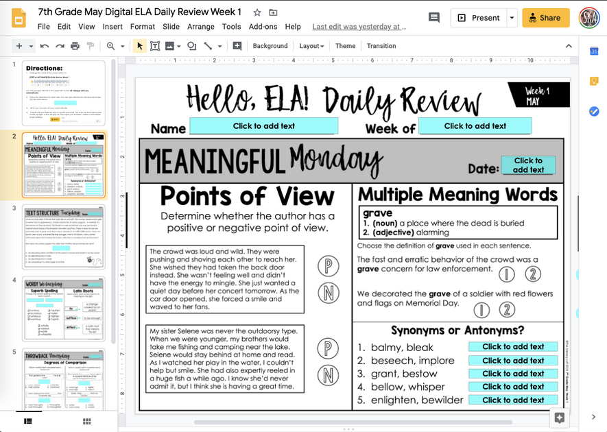 ELA Daily Review 7th Grade {May} | Distance Learning | Google Slides a ...
