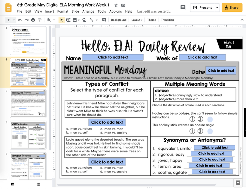 ELA Daily Review 6th Grade {May} | Distance Learning | Google Slides a ...