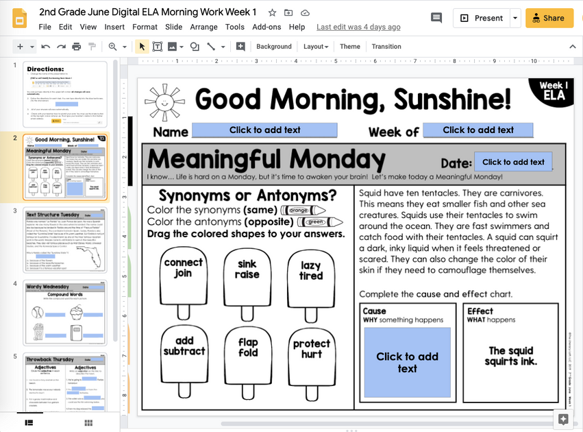 ELA Morning Work 2nd Grade {June} | Distance Learning | Google Slides ...