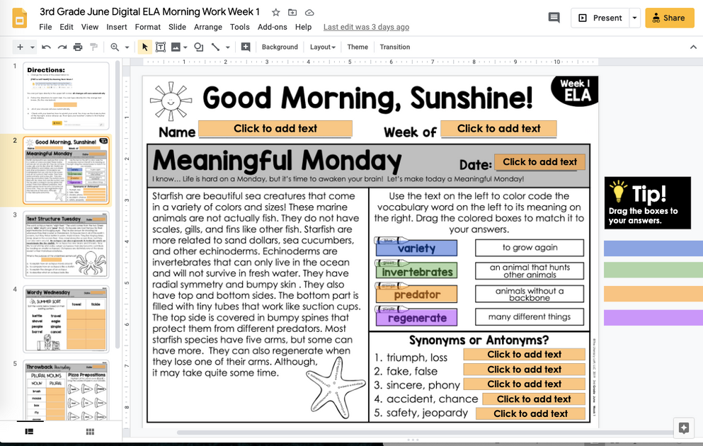 ELA Morning Work 3rd Grade {June} | Distance Learning | Google Slides ...
