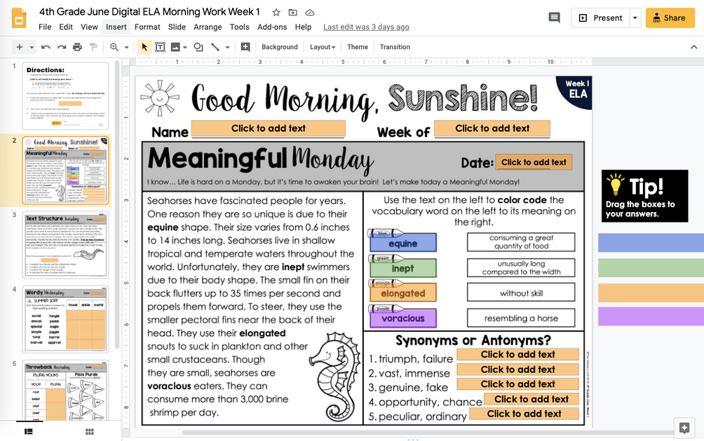 ELA Morning Work 4th Grade {June} | Distance Learning | Google Slides ...