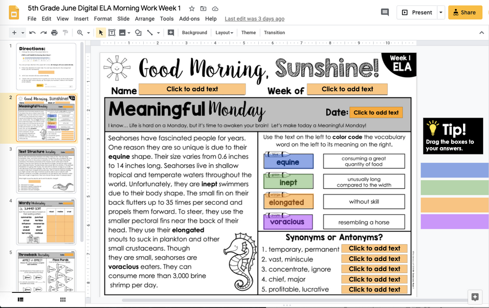 ELA Morning Work 5th Grade {June} | Distance Learning | Google Slides ...