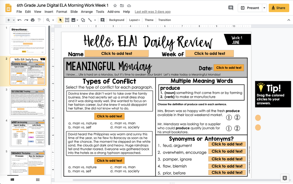 ELA Daily Review 6th Grade {June} | Distance Learning | Google Slides ...