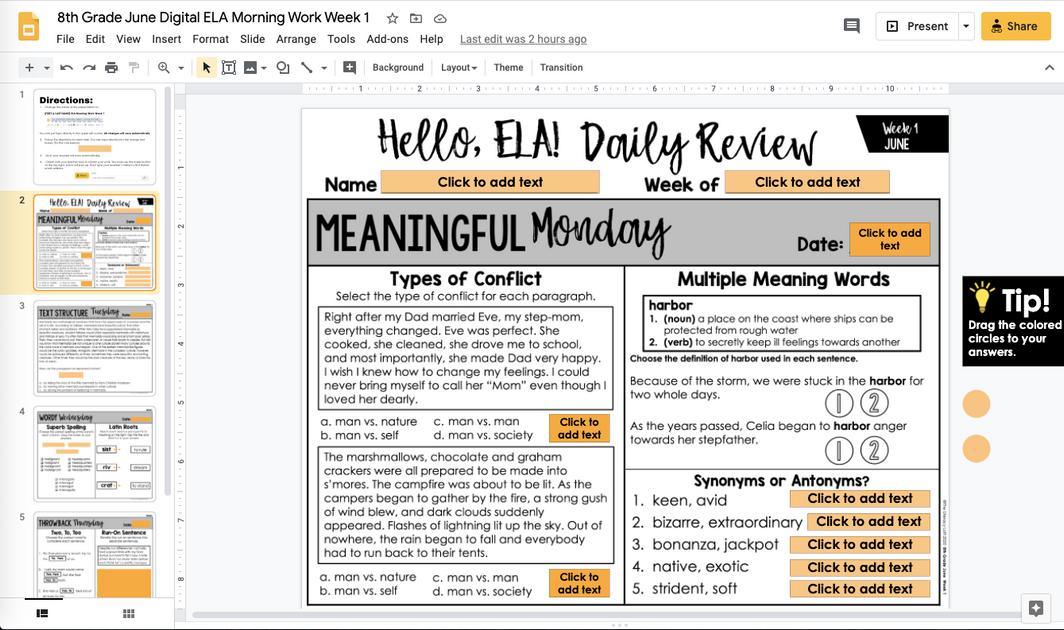 ELA Daily Review 8th Grade {June} | Distance Learning | Google Slides ...