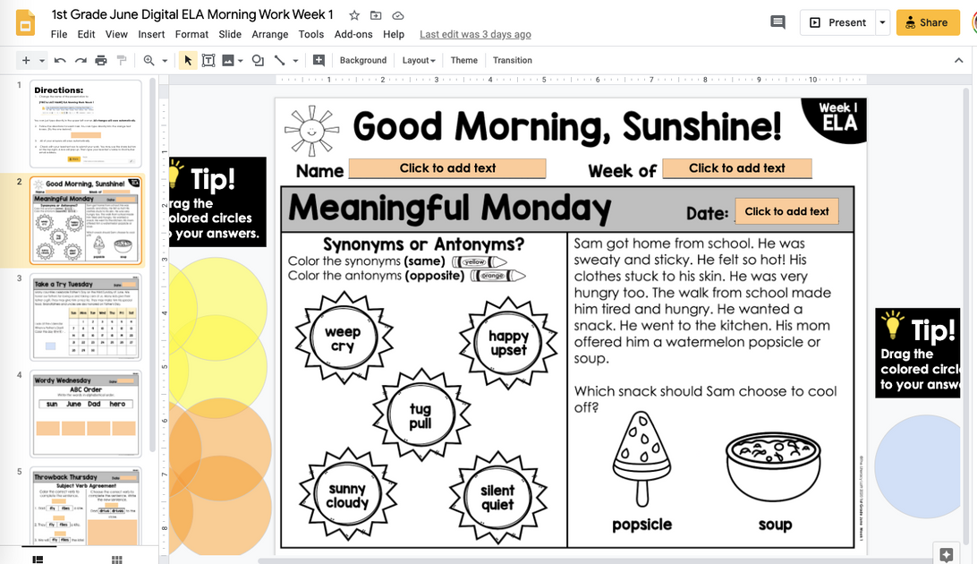 ELA Morning Work 1st Grade (June) | Distance Learning | Google Slides ...