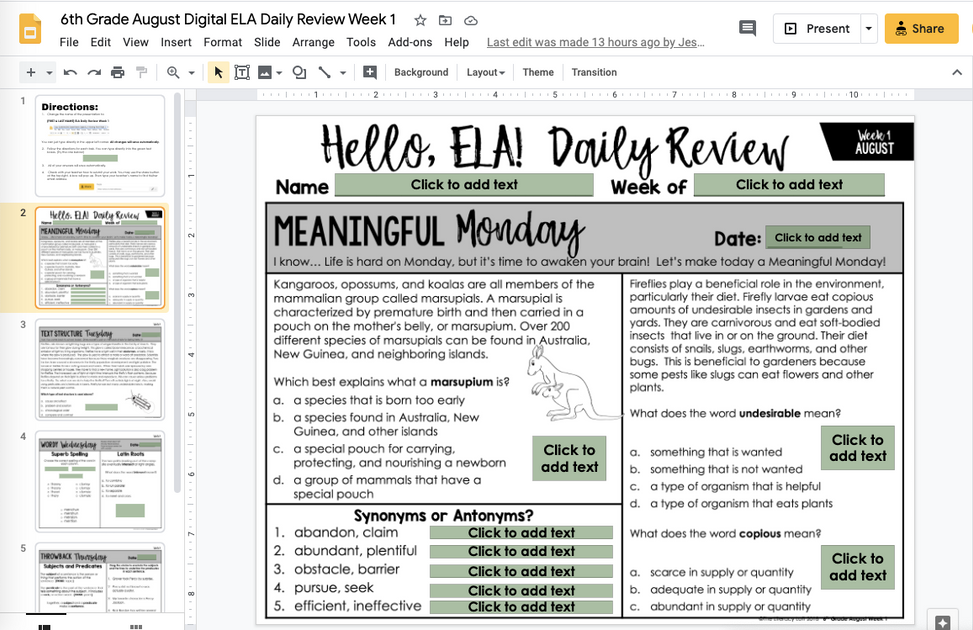 ELA Daily Review 6th Grade {August} | Distance Learning | Google Slide ...