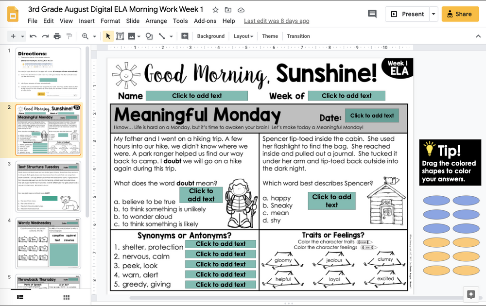 ELA Morning Work 3rd Grade {August} | Distance Learning | Google Slide ...
