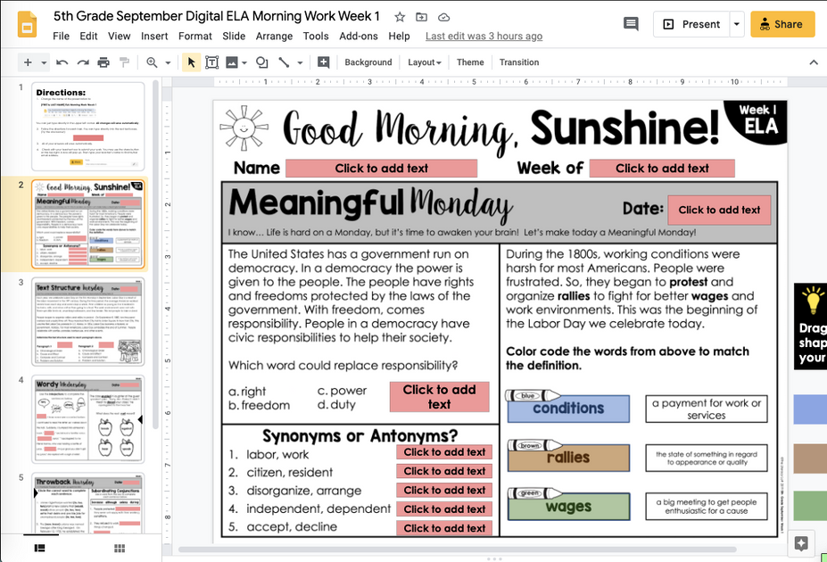 ELA Morning Work 5th Grade {September} | Distance Learning | Google Sl ...