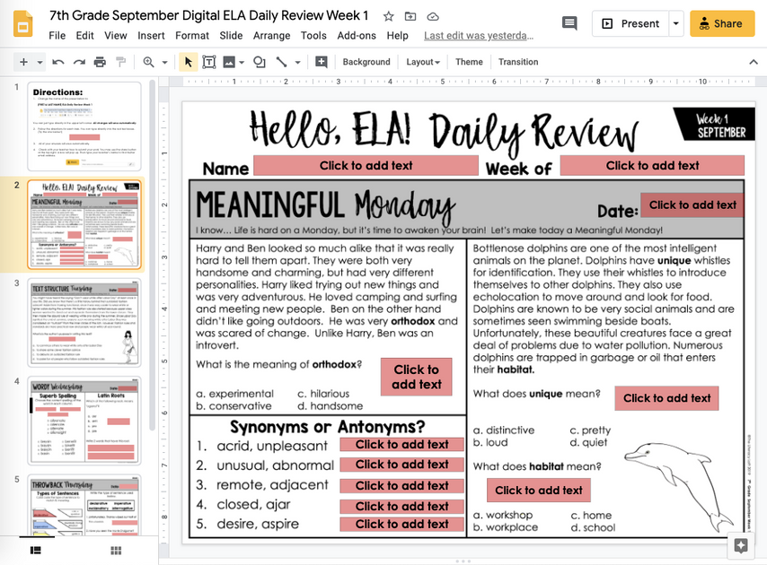 ELA Daily Review 7th Grade {September} | Distance Learning | Google Sl ...