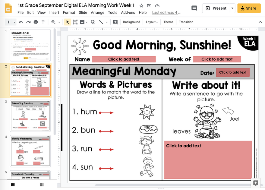1st Grade ELA Morning Work (September) | Distance Learning | Google Sl ...
