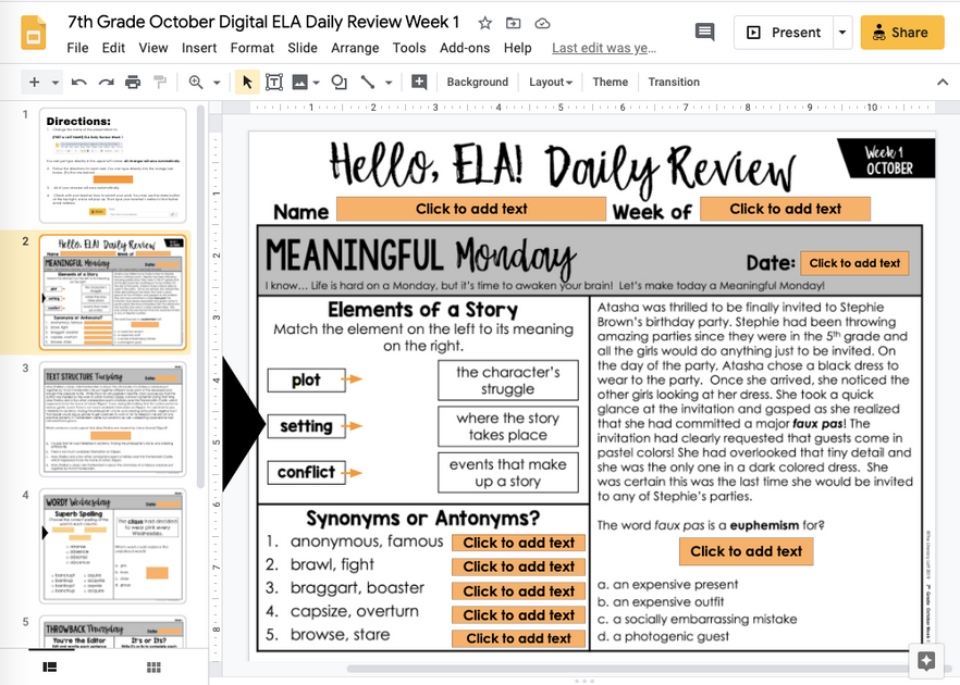 ELA Daily Review 7th Grade {October} | Distance Learning | Google Slid ...