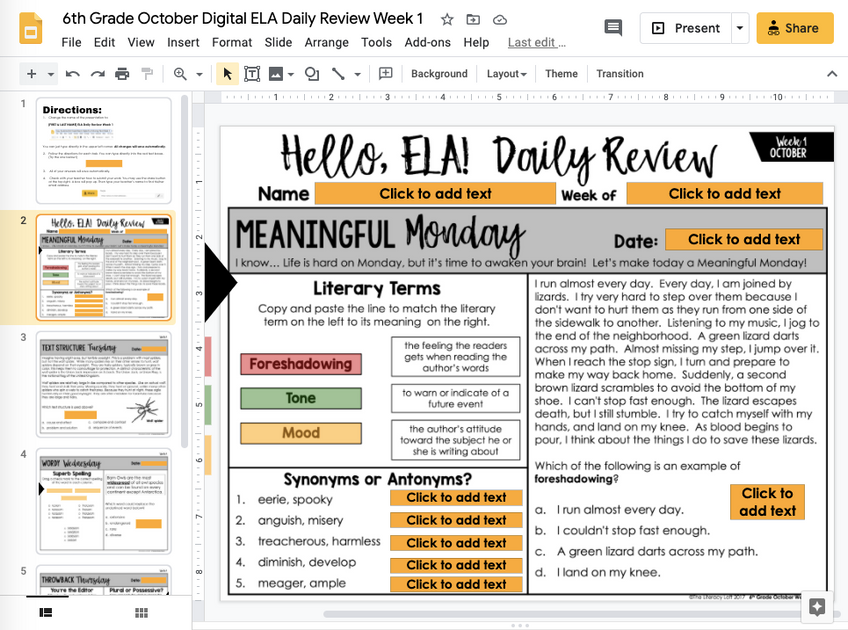 ELA Daily Review 6th Grade {October} | Distance Learning | Google Slid ...