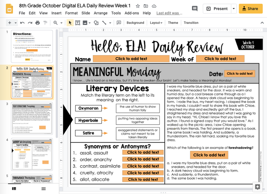 ELA Daily Review 8th Grade {October} | Distance Learning | Google Slid ...