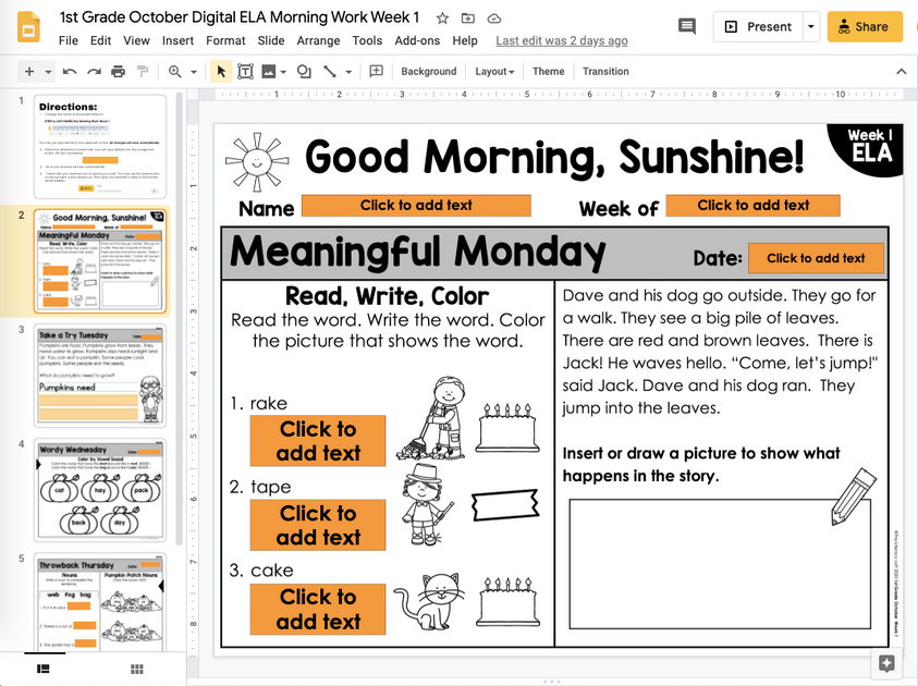1st Grade ELA Morning Work (October) | Distance Learning | Google Slid ...