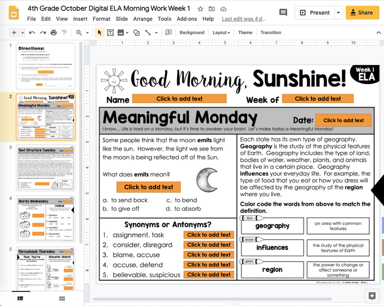 ELA Morning Work 4th Grade {October} | Distance Learning | Google Slid ...