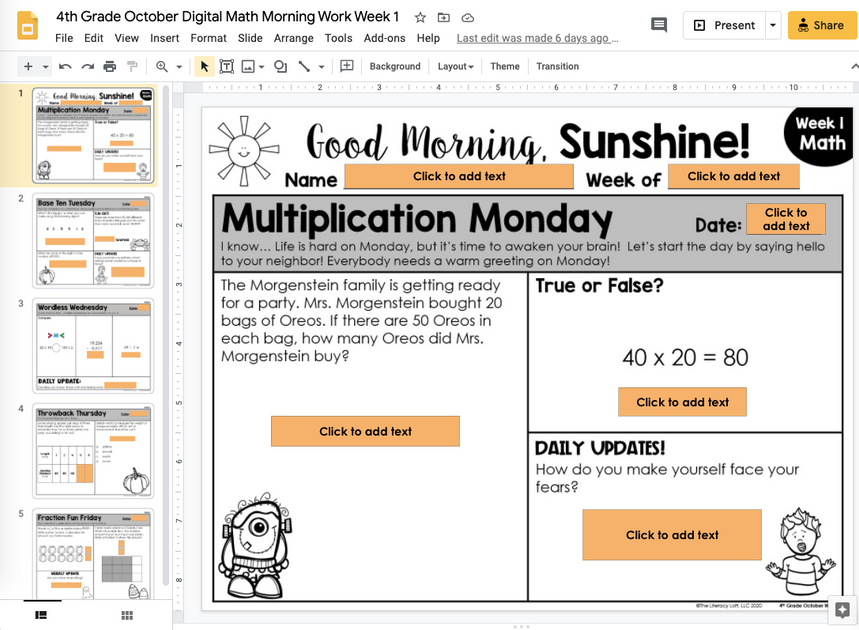 Math Morning Work 4th Grade {October} | Distance Learning | Google App ...