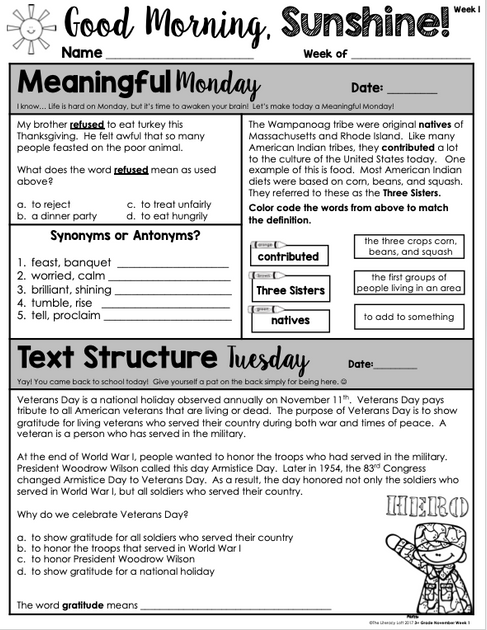 ELA Morning Work 3rd Grade {November} | Distance Learning | Google Sli ...