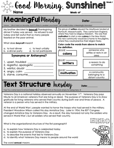 ELA Morning Work 4th Grade {November} | Distance Learning | Google Sli ...