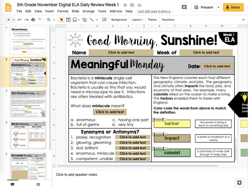 ELA Morning Work 5th Grade {November} | Distance Learning | Google Sli ...