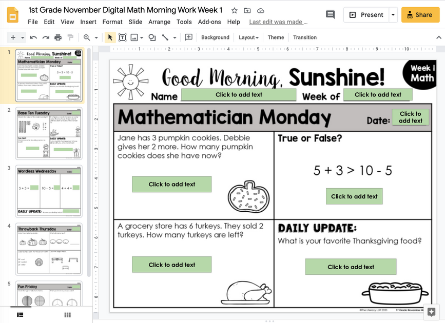 Math Morning Work 1st Grade {November} | Distance Learning | Google Ap ...