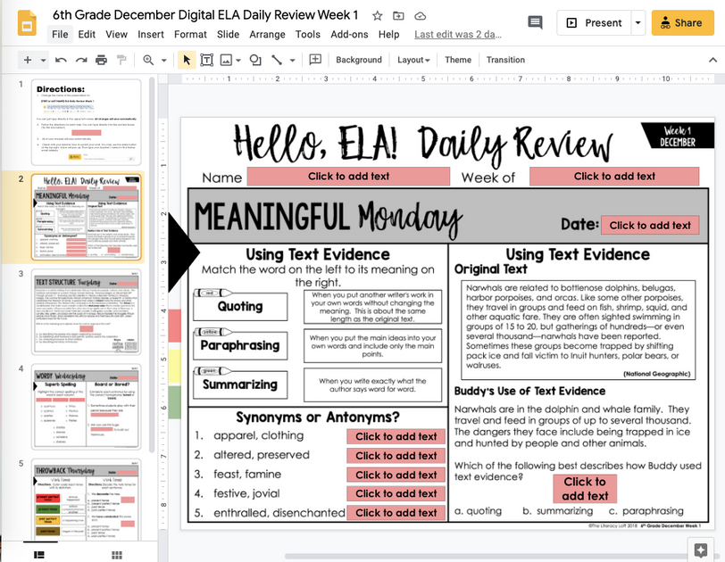 ELA Daily Review 6th Grade {December} I Distance Learning I Google Sli ...
