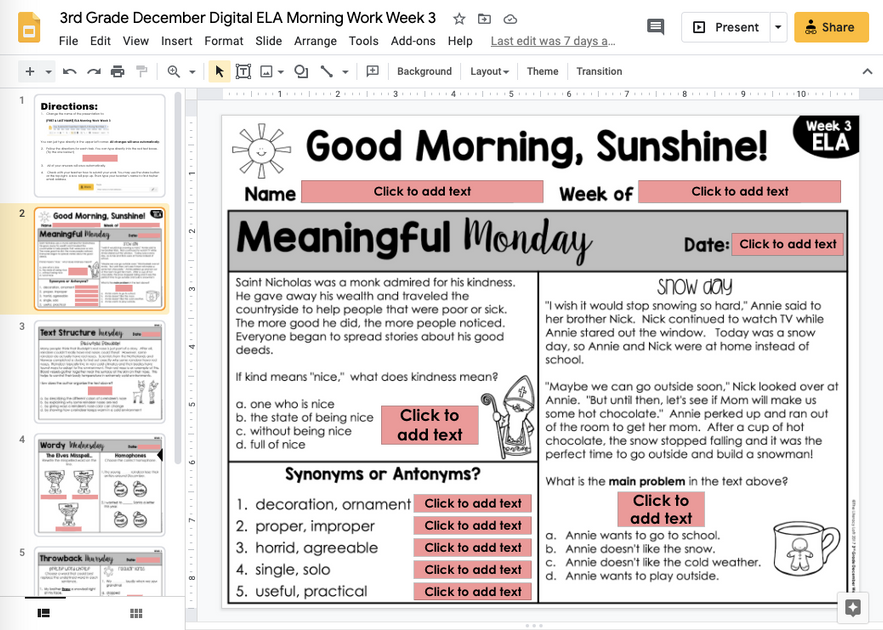 ELA Morning Work 3rd Grade {December} I Distance Learning I Google Sli ...