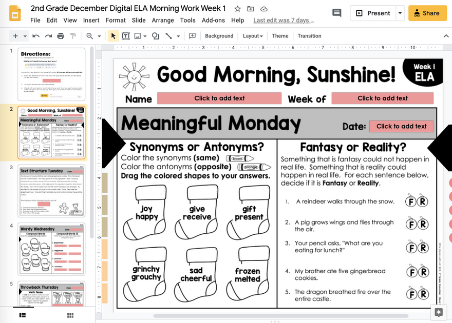 ELA Morning Work 2nd Grade {December} I Distance Learning I Google Sli ...