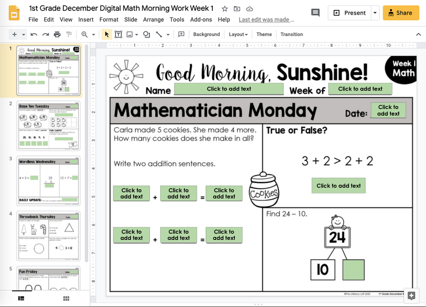 Math Morning Work 1st Grade {December} I Distance Learning I Google Ap ...