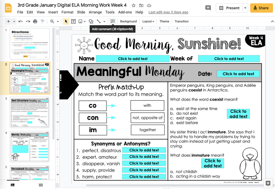 ELA Morning Work 3rd Grade {January} I Distance Learning I Google Slid ...