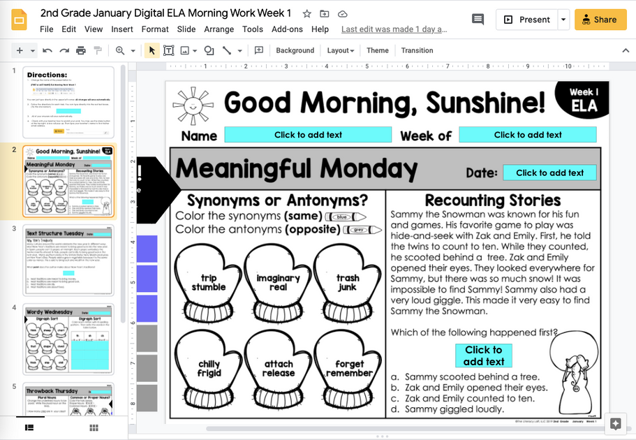 ELA Morning Work 2nd Grade {January} I Distance Learning I Google Slid ...