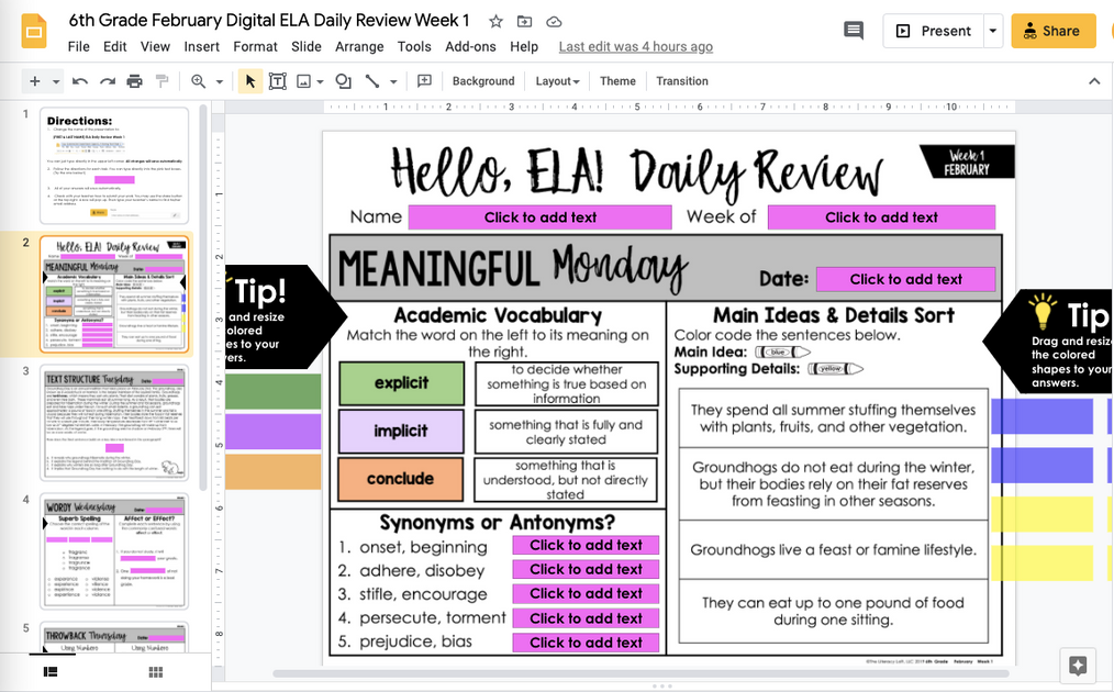 ELA Daily Review 6th Grade {February} I Distance Learning I Google Sli ...