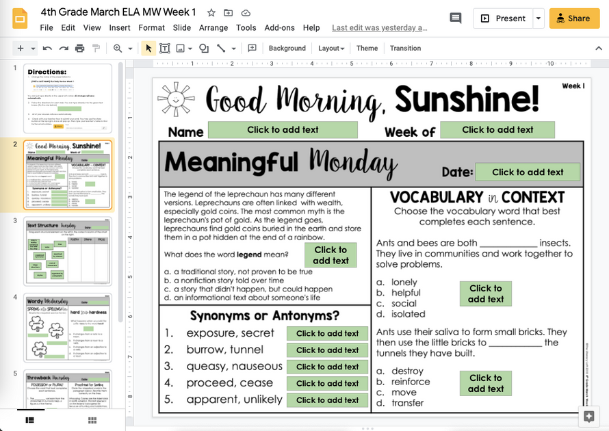 ELA Morning Work 4th Grade {March} | Distance Learning | Google Slides ...