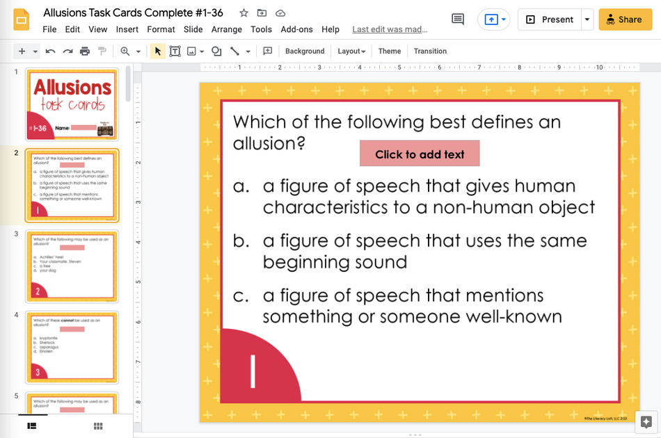 Allusions Task Cards | Google Slides & Forms – The Literacy Loft