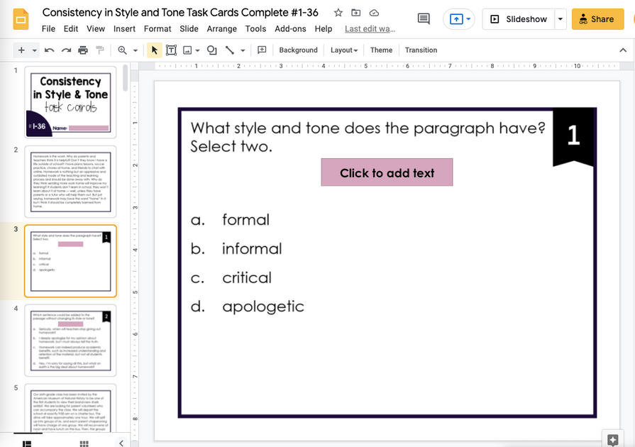 Consistency in Style and Tone Task Cards 6th Grade I Google Apps – The ...