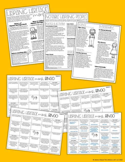 Hispanic Heritage Month Reading Comprehension Bingo – The Literacy Loft